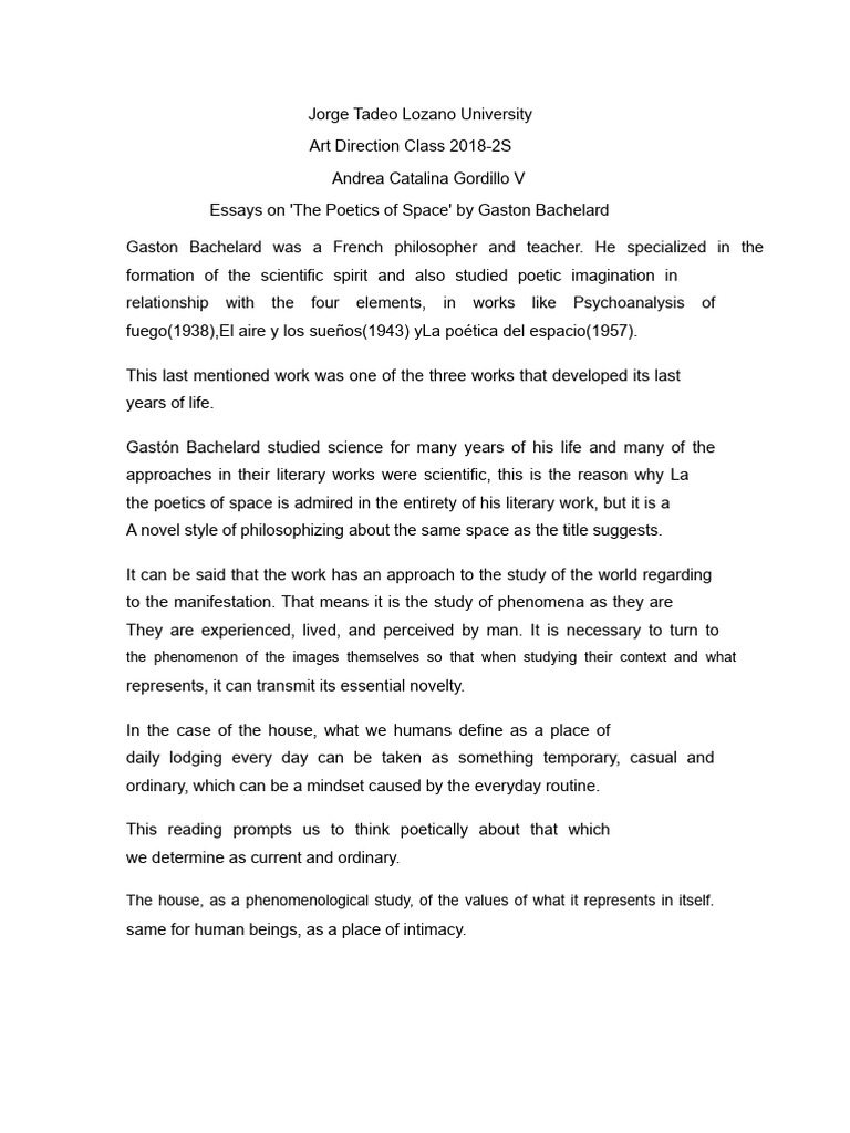 Essay On "The Poetics of Space" by Gaston Bachelard | PDF