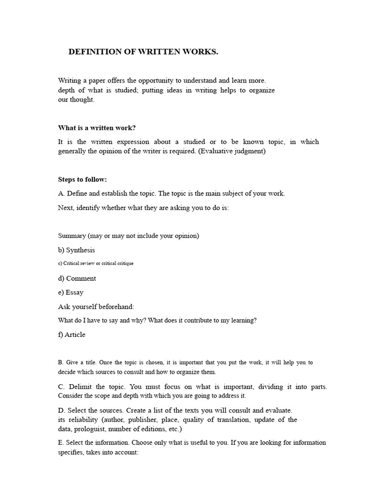 Definition of Written Works and Types of Written Works | PDF | Thesis ...