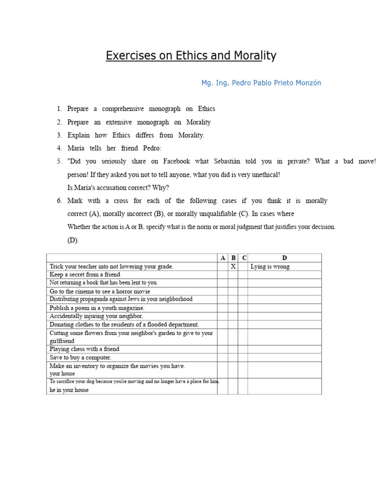 Exercises On Ethics and Morality | PDF | Reason | Morality