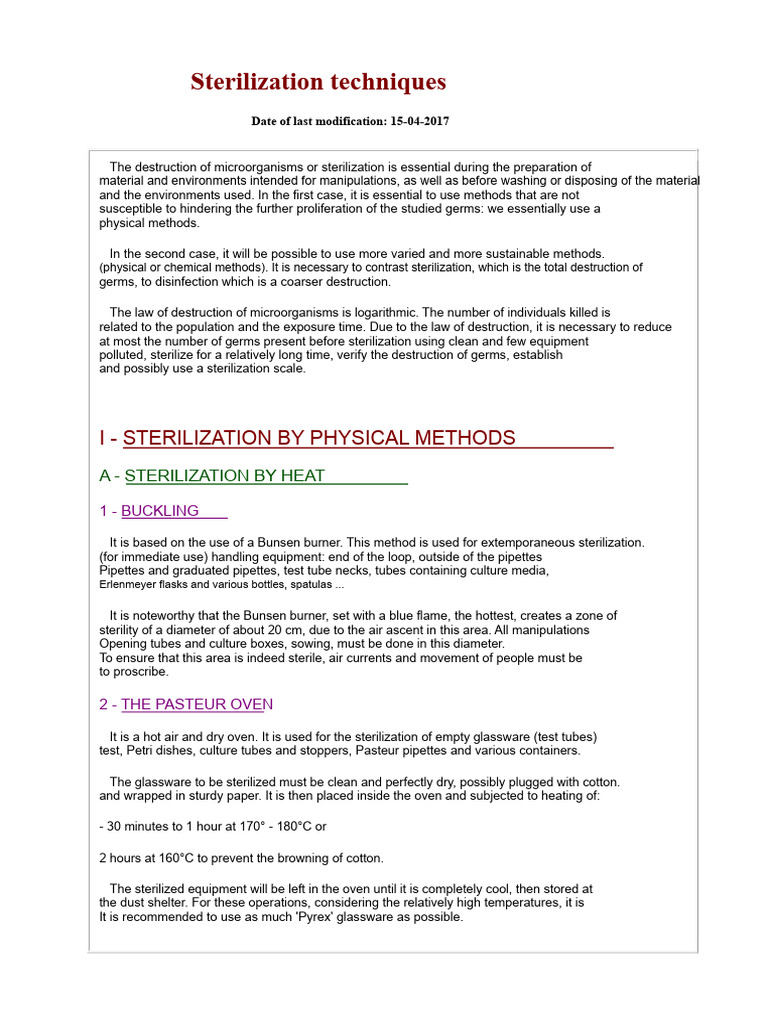 Sterilization Techniques | PDF | Sterilization (Microbiology) | Steam
