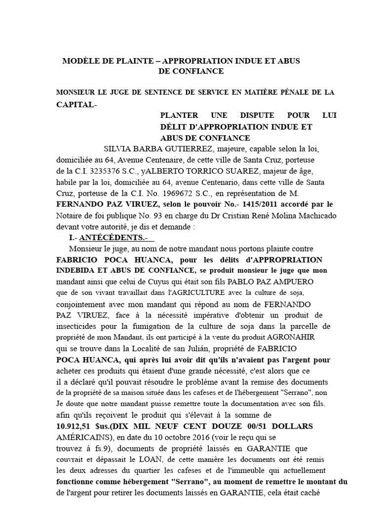 Plainte - Appropriation Indue Et Abus de Confiance | PDF