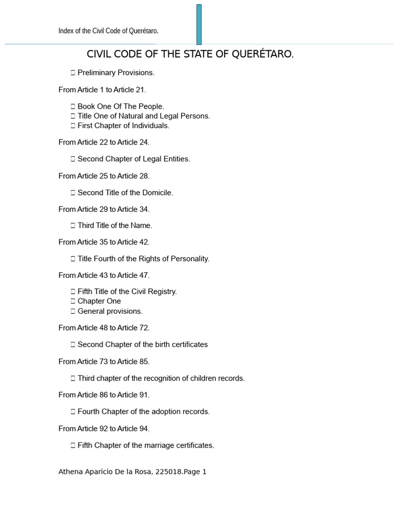 Index of The Civil Code of Querétaro | PDF | Lease | Guarantee