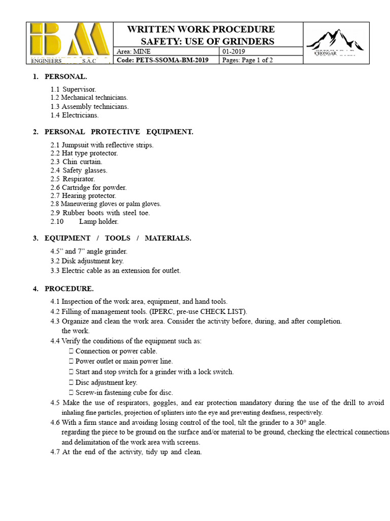 Pets Procedure - Use of Grinders | PDF | Personal Protective Equipment ...