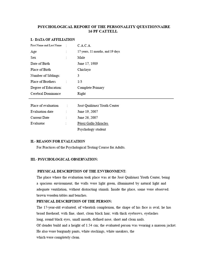 Psychological Report of The 16 PF Cattell Personality Questionnaire ...