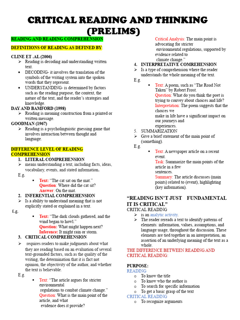 Critical Reading and Thinking Guide | PDF | Reading Comprehension ...