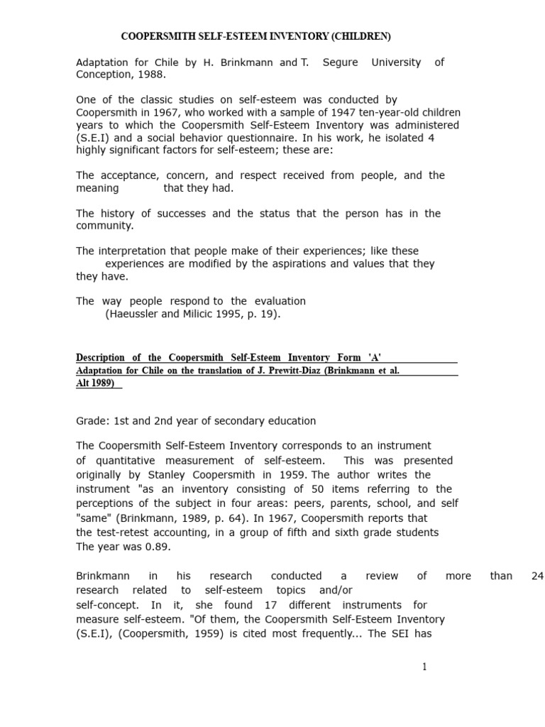 Coopersmith Self-Esteem Inventory Chile | PDF | Self Esteem | Psychometrics