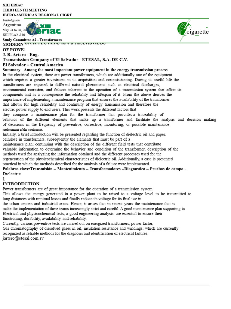 CIGRÉ Modern Maintenance of Transformers | PDF | Transformer | Reliability Engineering