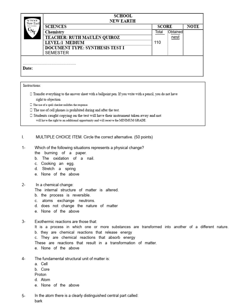 Chemical Synthesis Test 1st Year | PDF | Chemical Reactions | Chemical ...