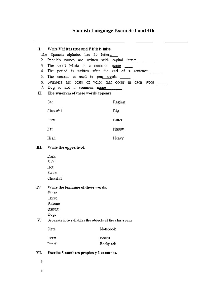 Spanish Language and Mathematics Exam 3rd and 4th Grade | PDF | Word ...