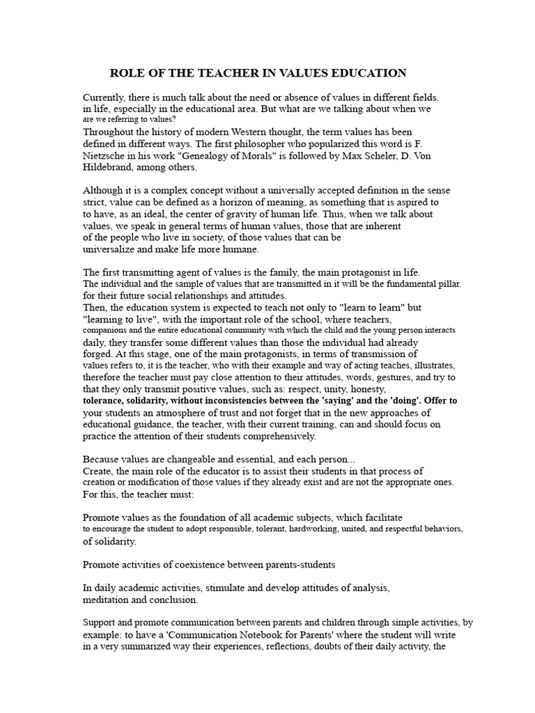 Role of The Teacher in Teaching Values | PDF | Value (Ethics) | Behavioural Sciences