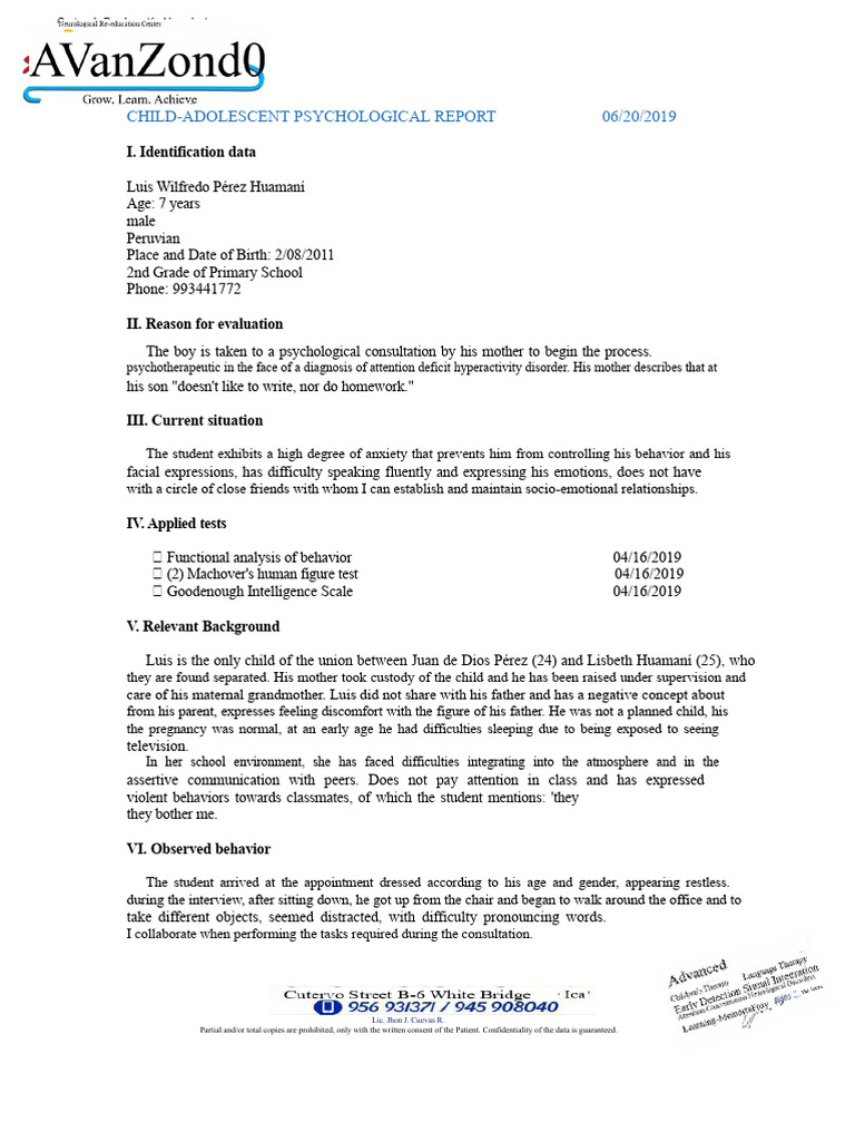 Psychological Report of Luis Pérez | PDF | Attention Deficit ...