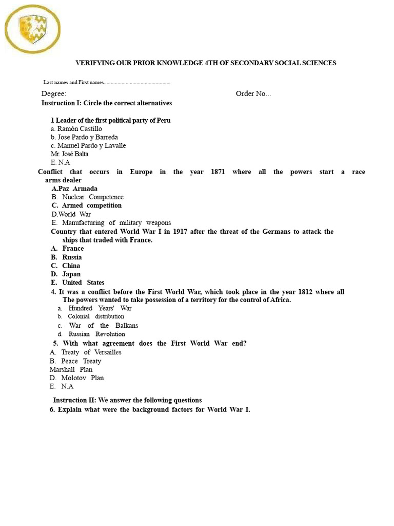 Social Sciences Exam 4th Year of Secondary School | PDF