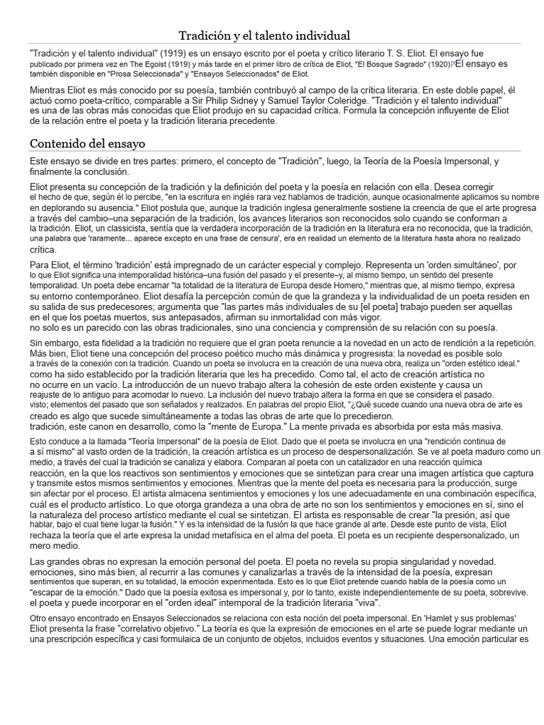 Resumen de "Tradición y El Talento Individual" | PDF | TS Eliot | Poesía