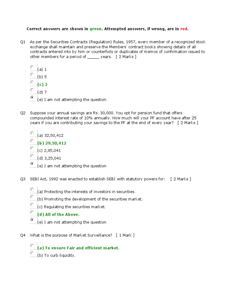 Green: Correct Answers Are Shown in - Attempted Answers, If Wrong, Are ...