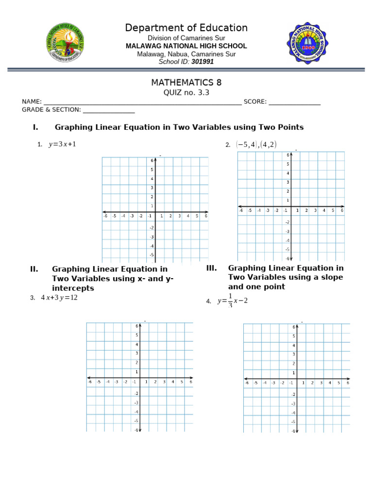 Math 8 Quiz: Graphing Linear Equations | PDF
