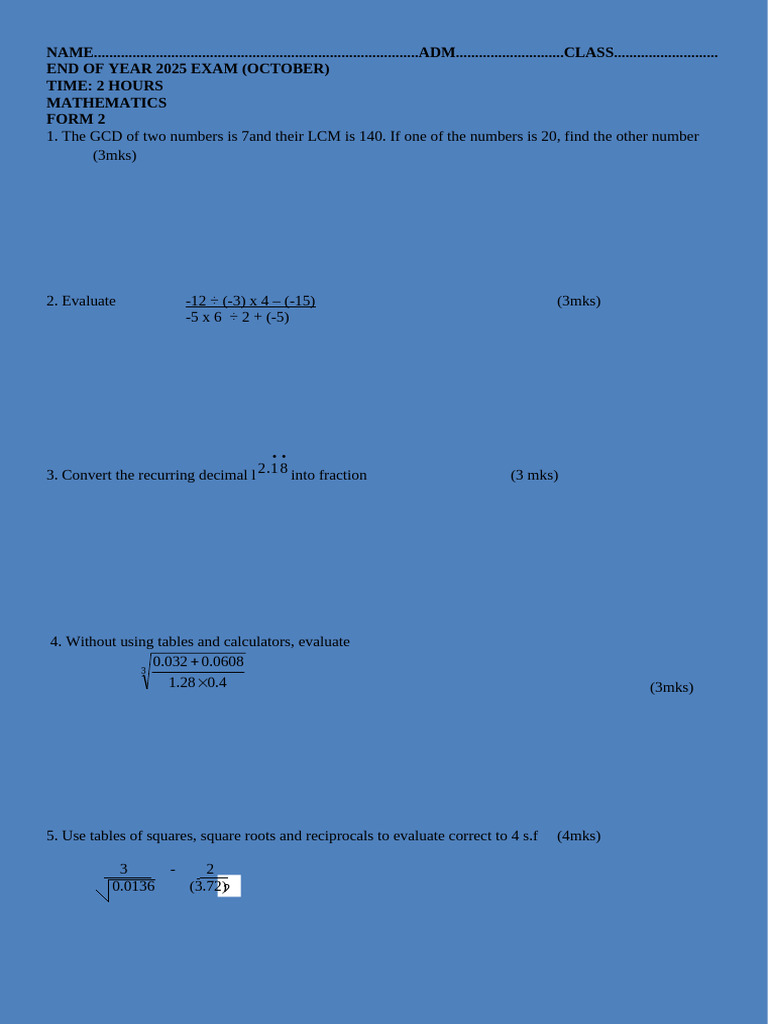 Form 2 Mathematics Exam Questions | PDF | Number Theory | Arithmetic