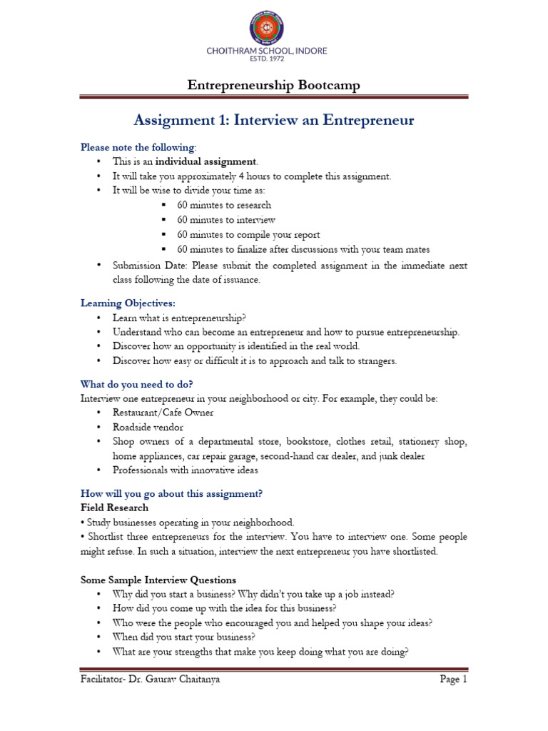 Entrepreneur Interview Assignment Guide | PDF | Entrepreneurship
