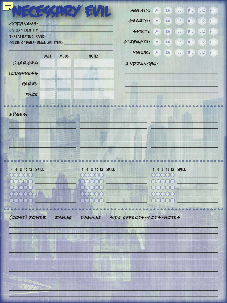 Savage Worlds - Necessary Evil - Character Sheet (Explorer Edition) | PDF