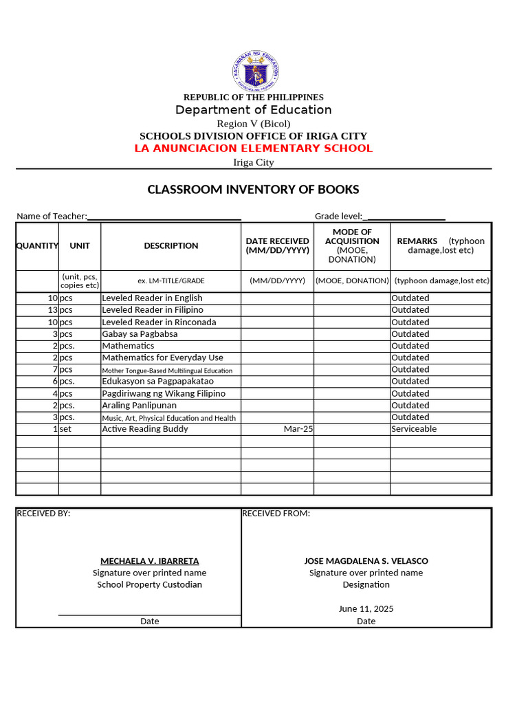 Classroom Inventory | PDF