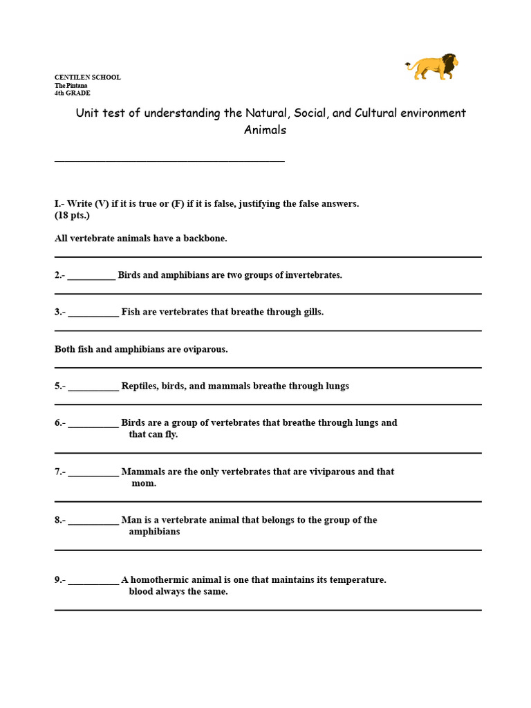 4th Test On Vertebrate and Invertebrate Animals | PDF | Vertebrates ...