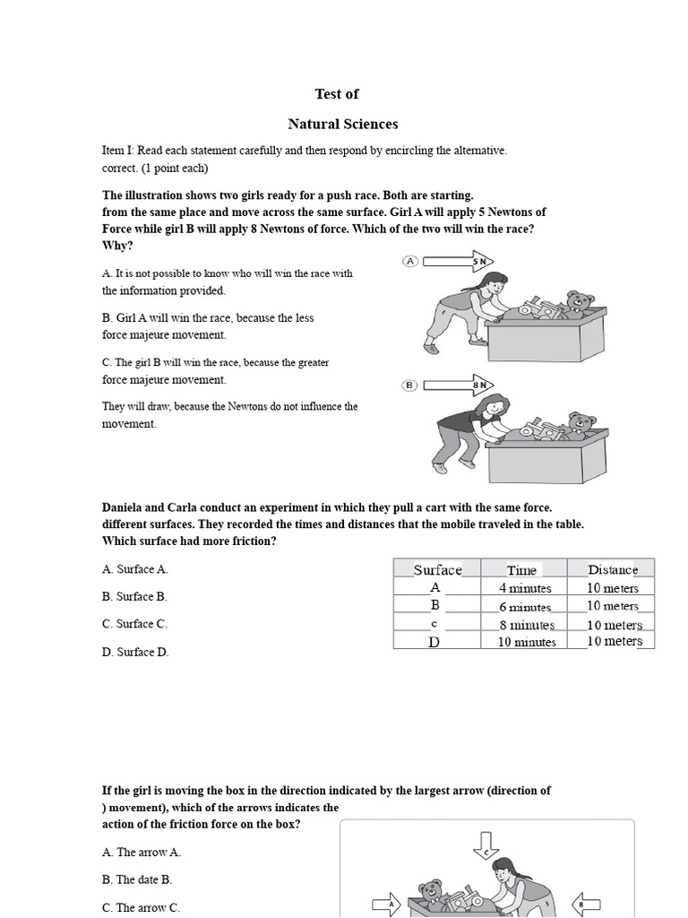 Natural Sciences Force and Motion Quiz | PDF | Force | Weight