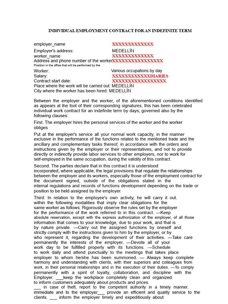 Indefinite Work Contract For Various Jobs | PDF | Employment | Salary