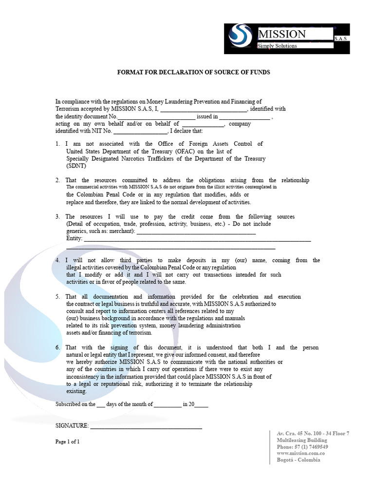 Source of Funds Declaration Template | PDF | Office Of Foreign Assets ...