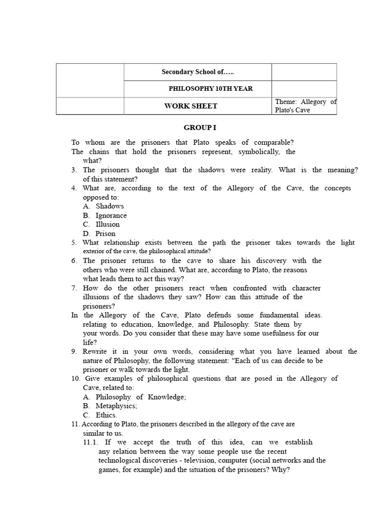 Worksheet On Plato's Allegory of The Cave | PDF | Socrates | Plato