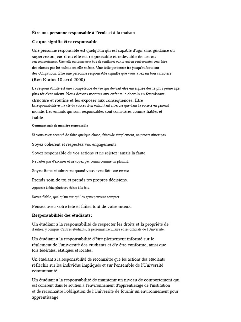 Être Une Personne Responsable À L'école Et À La Maison | PDF