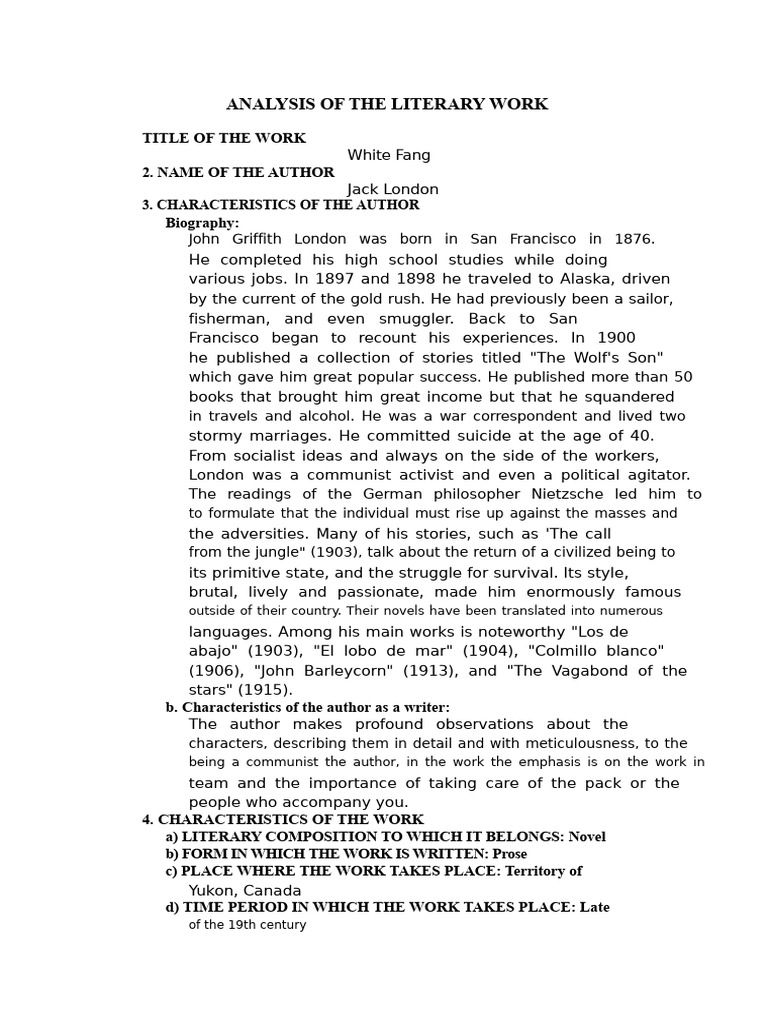 White Fang Literary Analysis | PDF | White Fang | Jack London