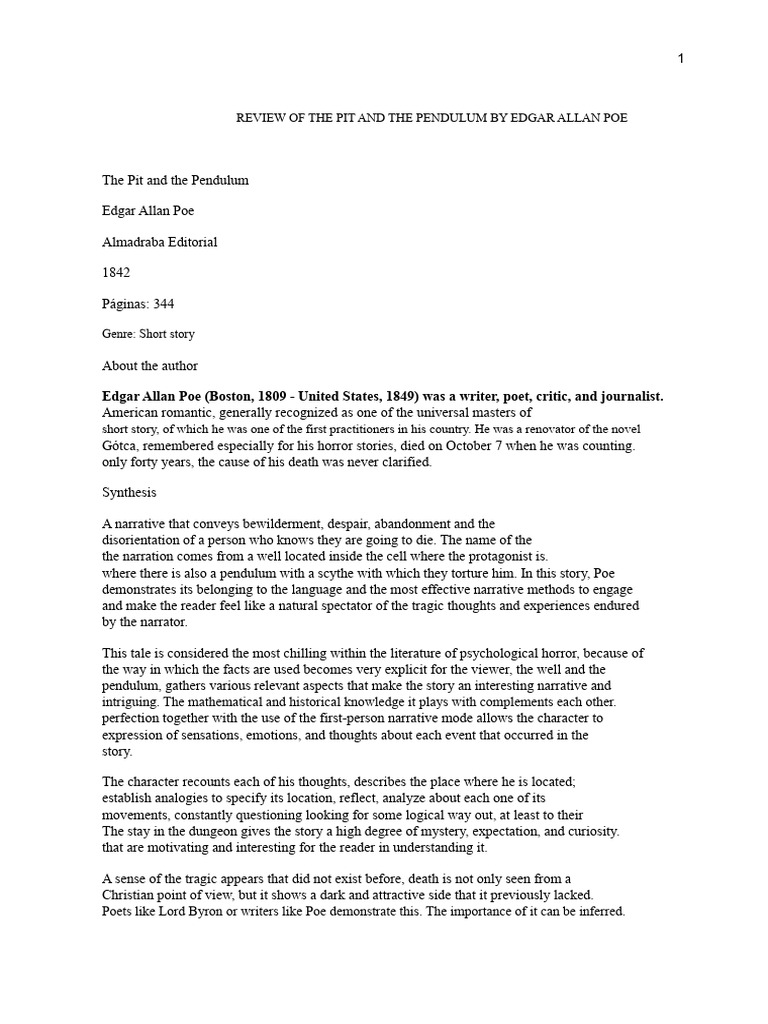 Review of The Pit and The Pendulum by Edgar Allan Poe | PDF | Thought ...