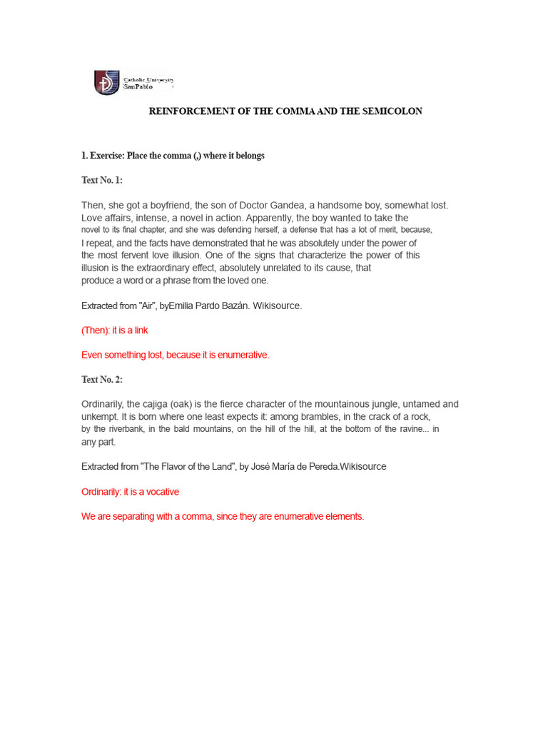 REINFORCEMENT OF THE COMMA AND THE SEMICOLON - Exercises | PDF | Comma
