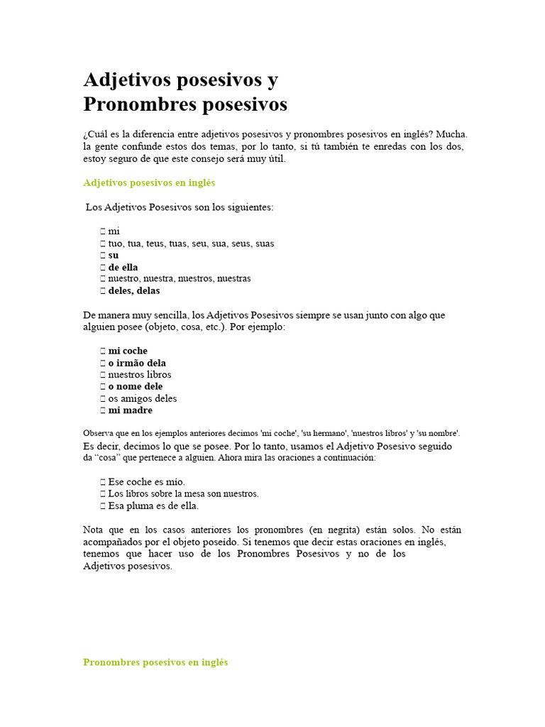 Adjetivos Posesivos y Pronombres Posesivos | PDF | Adjetivo | Tipología ...