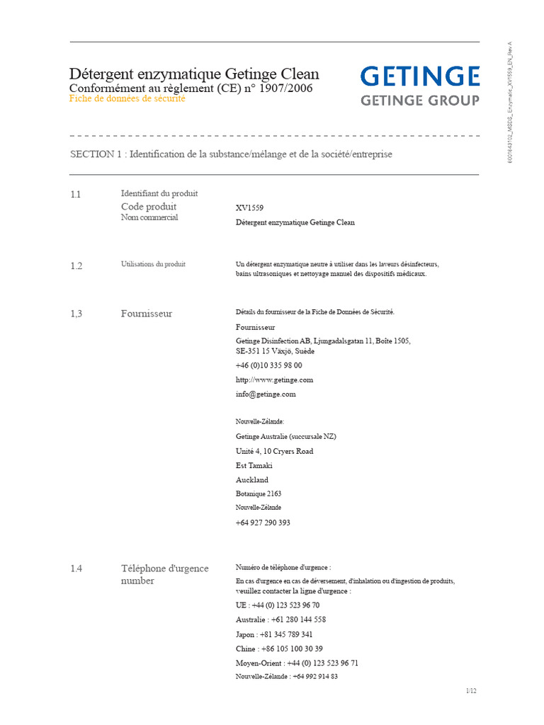 Fiche de sécurité Détergent Getinge Clean | PDF