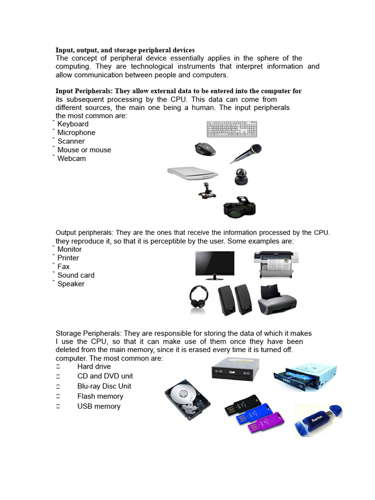 Input, Output, and Storage Peripheral Devices With Images | PDF