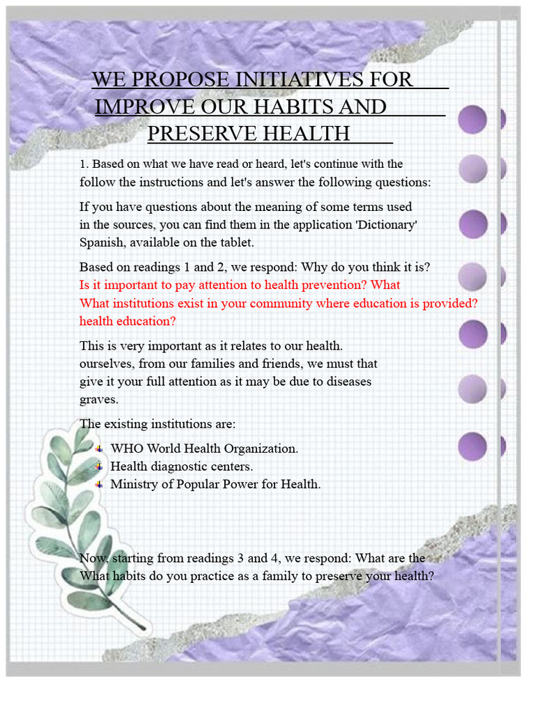 We Propose Initiatives To Improve Our Habits and Preserve Health | PDF ...