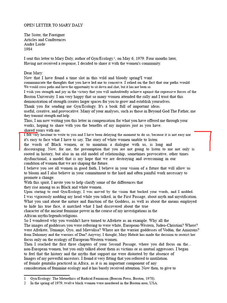 LORDE Open Letter To Mary Daly (Sister Outsider) | PDF