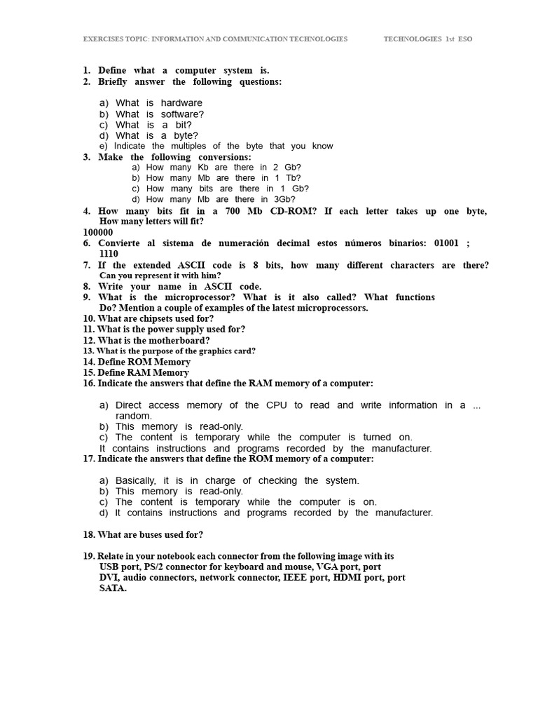 Hardware and Software Exercises 1st ESO PDF | PDF | Byte | Computer Data Storage