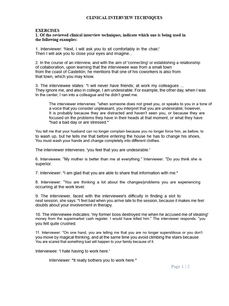 Exercises in Clinical Interview Techniques | PDF | Interview