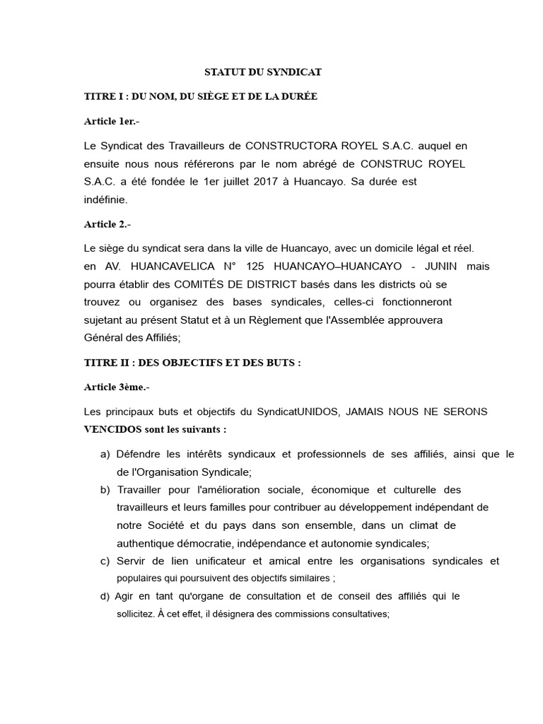 Statut du Syndicat CONSTRUC ROYEL S.A.C. | PDF | Conseil d ...