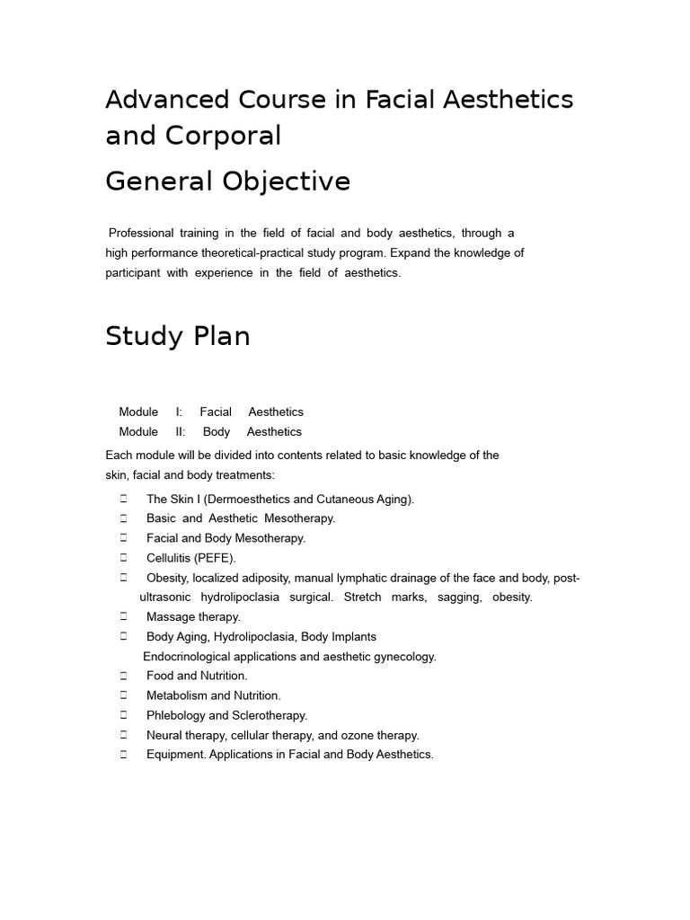 Advanced Facial and Body Aesthetics Course | PDF