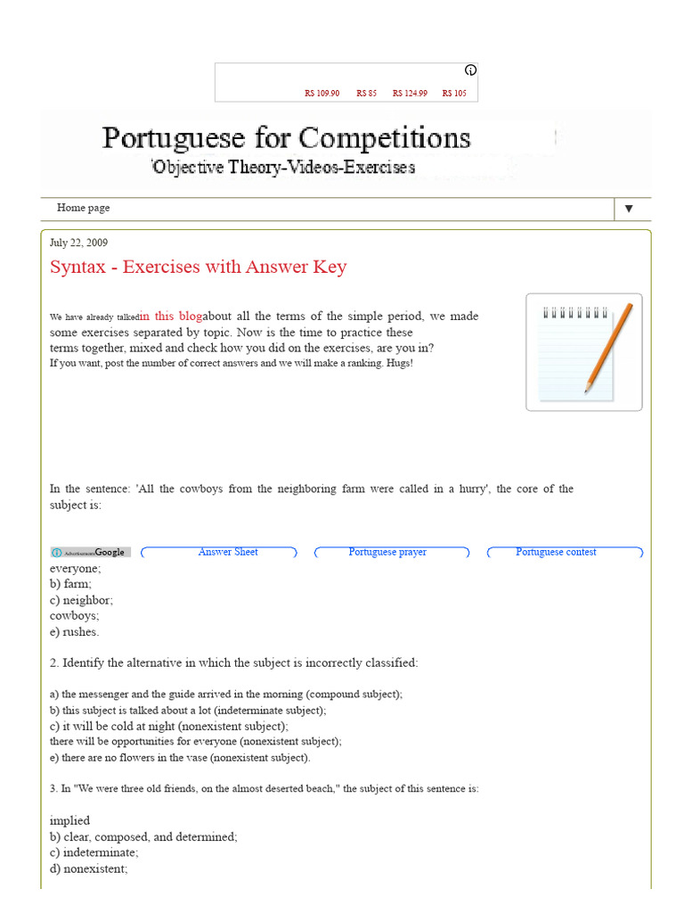(Portuguese Exam) - Syntax - Exercises With Answers | PDF | Syntax ...