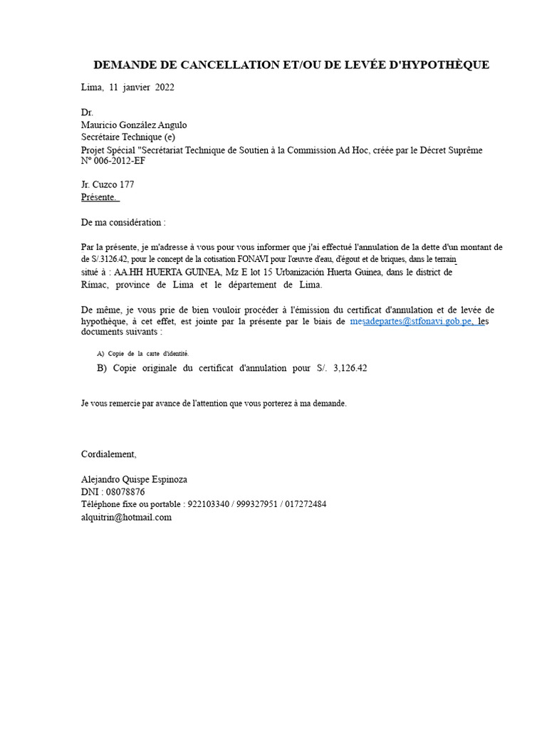 Demande d'annulation d'hypothèque | PDF