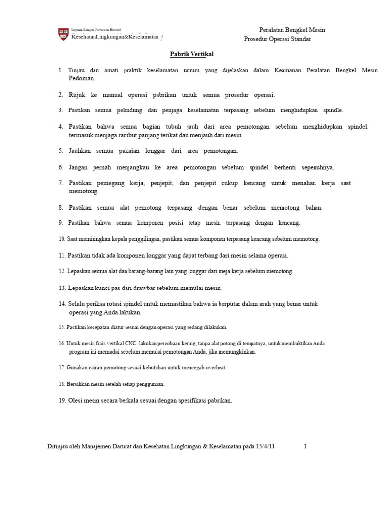 SOP Bengkel Mesin | PDF