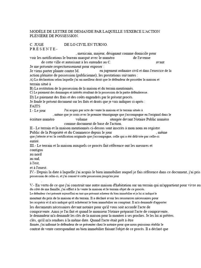 Modèle de lettre pour action de possession | PDF