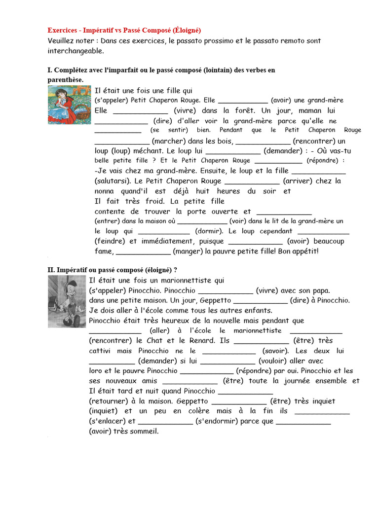 Exercices : Impératif et Passé Composé | PDF | Pinocchio | Cendrillon