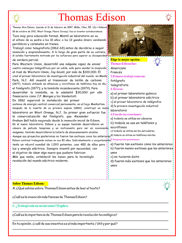 Comprensión de Lectura de Thomas Edison Ejercicios de Comprensión de ...