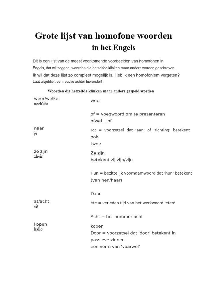 Grote Lijst Van Homofone Woorden in Het Engels | PDF