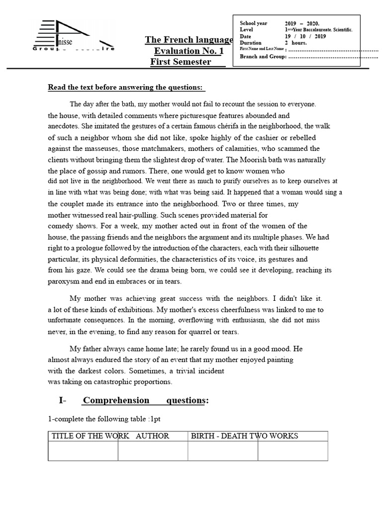 French Language Evaluation 2019-2020 | PDF