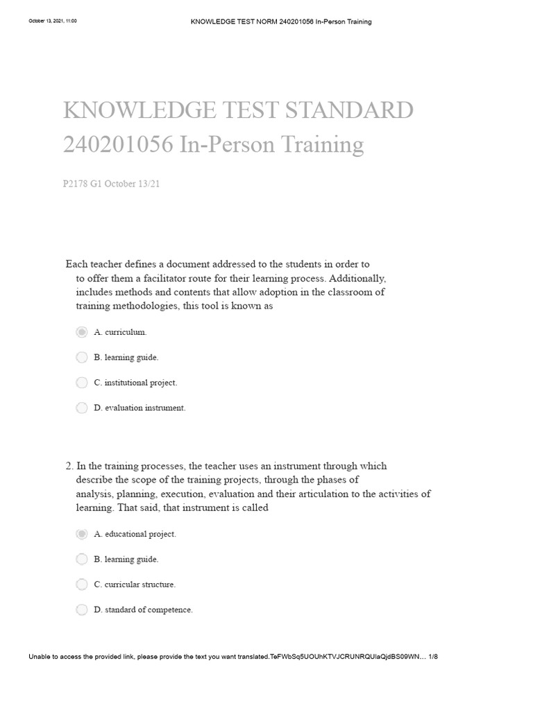 Knowledge Test Standard 240201056 In-Person Training | PDF | Evaluation ...
